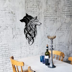 Two Wolves Metal Wall Art - Black & White Dual Wolf Head Decor - Unique ...