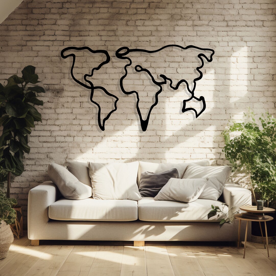 Metal World Map Wall Art - Line Art Office Decor - Unique Birthday Gift ...