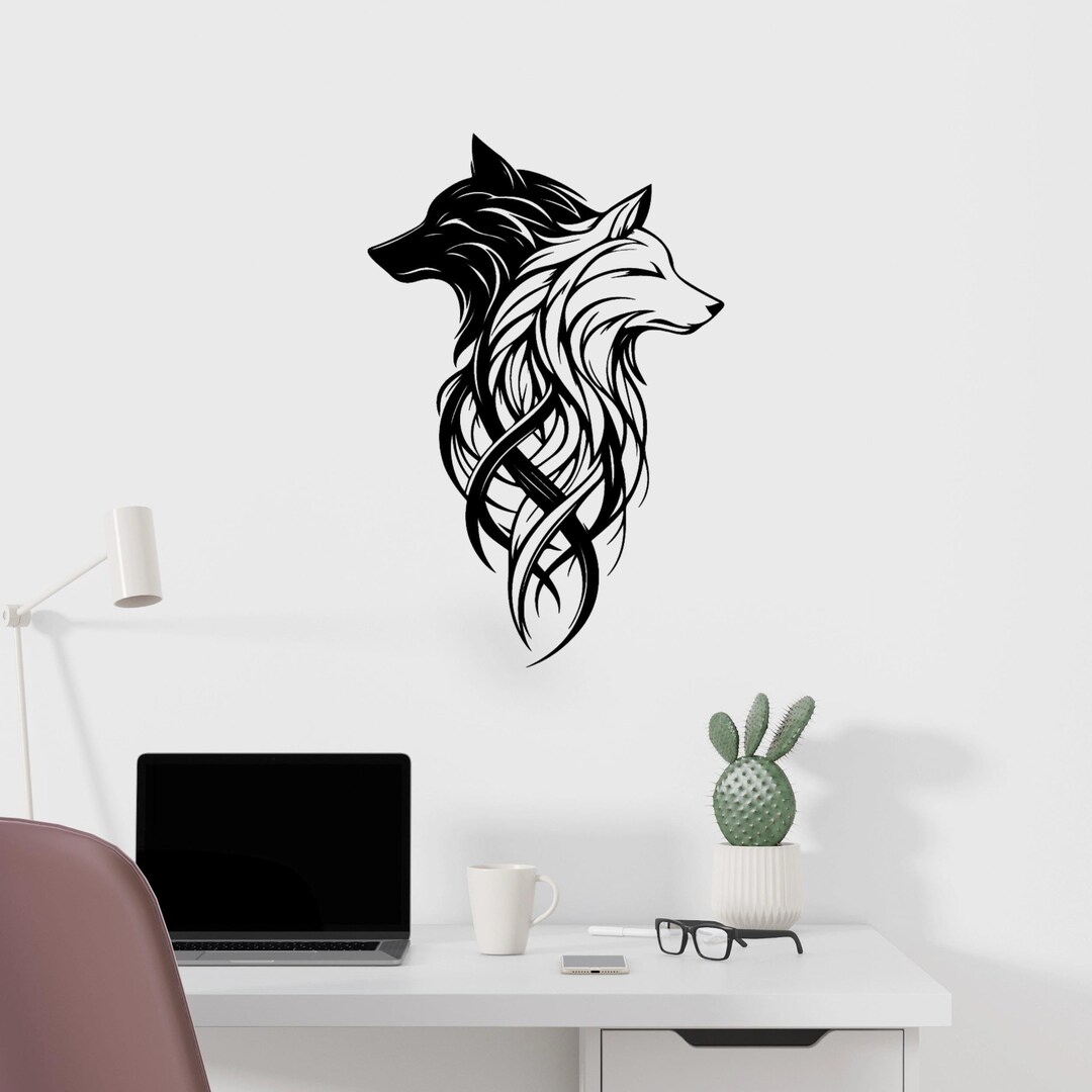 Two Wolves Metal Wall Art - Black & White Dual Wolf Head Decor - Unique ...