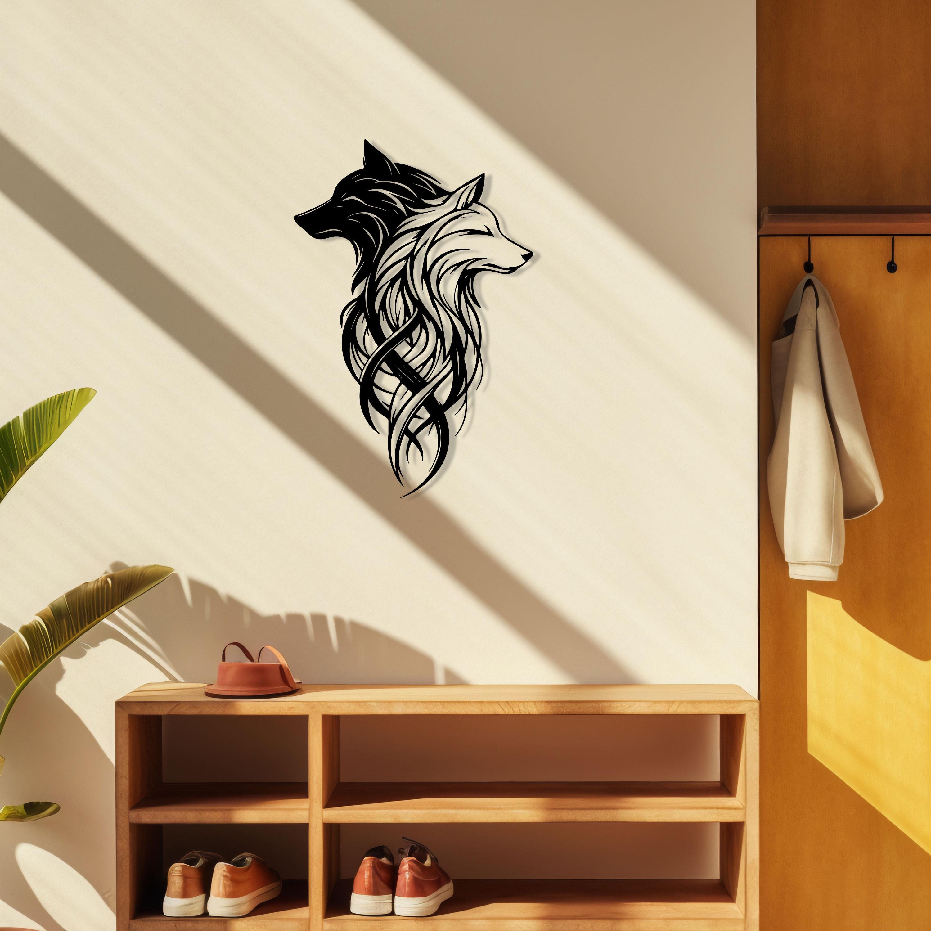 Two Wolves Metal Wall Art - Black & White Dual Wolf Head Decor - Unique ...