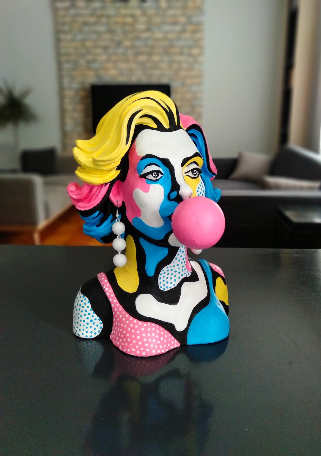 Pop Art Woman Bust With Gum, Modern Handmade Statue,painted Colorful ...