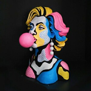 Pop Art Woman Bust With Gum, Modern Handmade Statue,painted Colorful ...