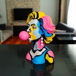 Pop Art Woman Bust With Gum, Modern Handmade Statue,painted Colorful ...