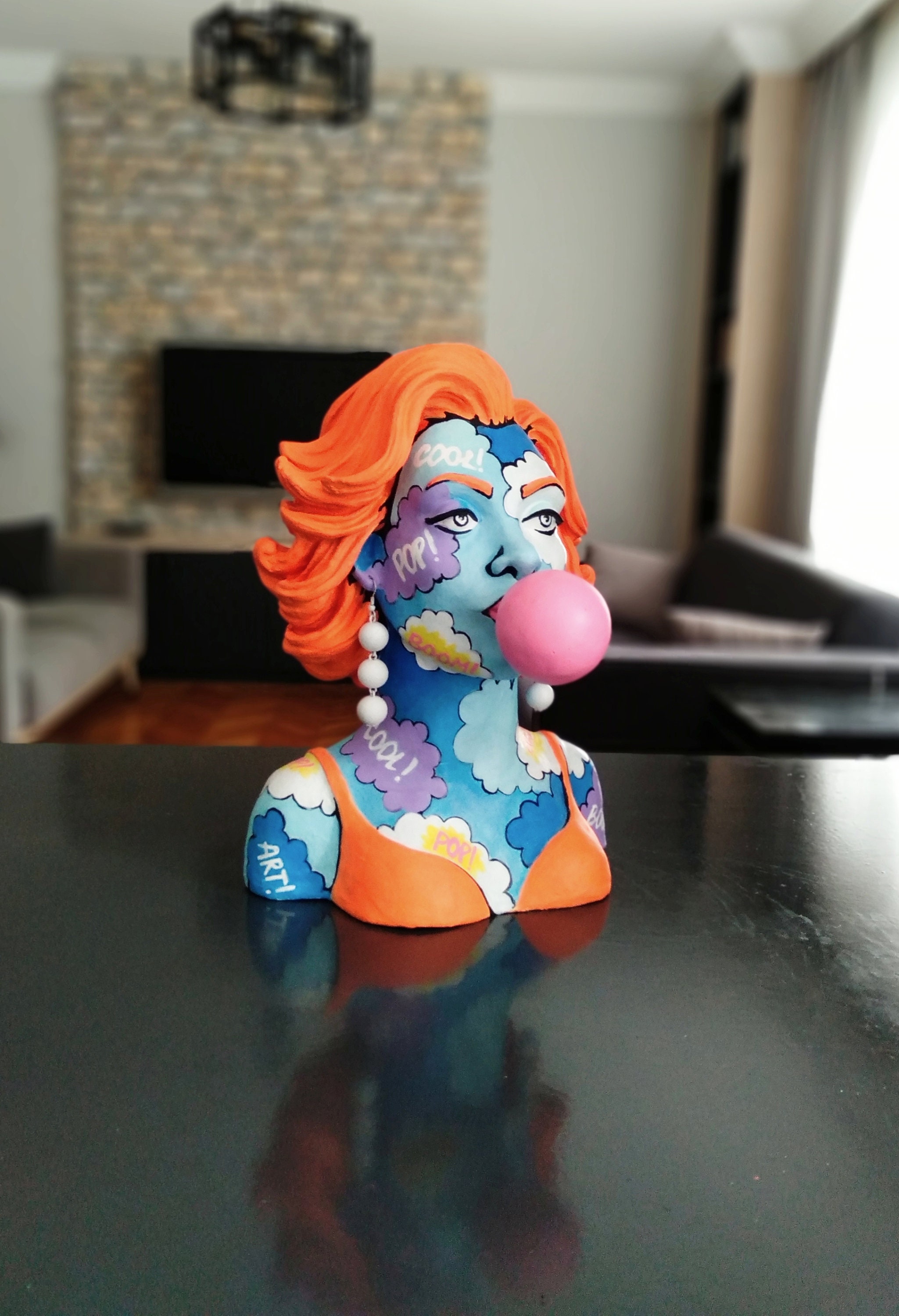 Pop Art Woman Bust With Gum, Modern Orange Haired Handmade Statue ...