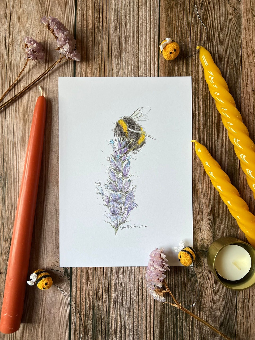 Bumblebee A5 Art Print, Bee on a Tall Blue & Purple Flower, Original ...