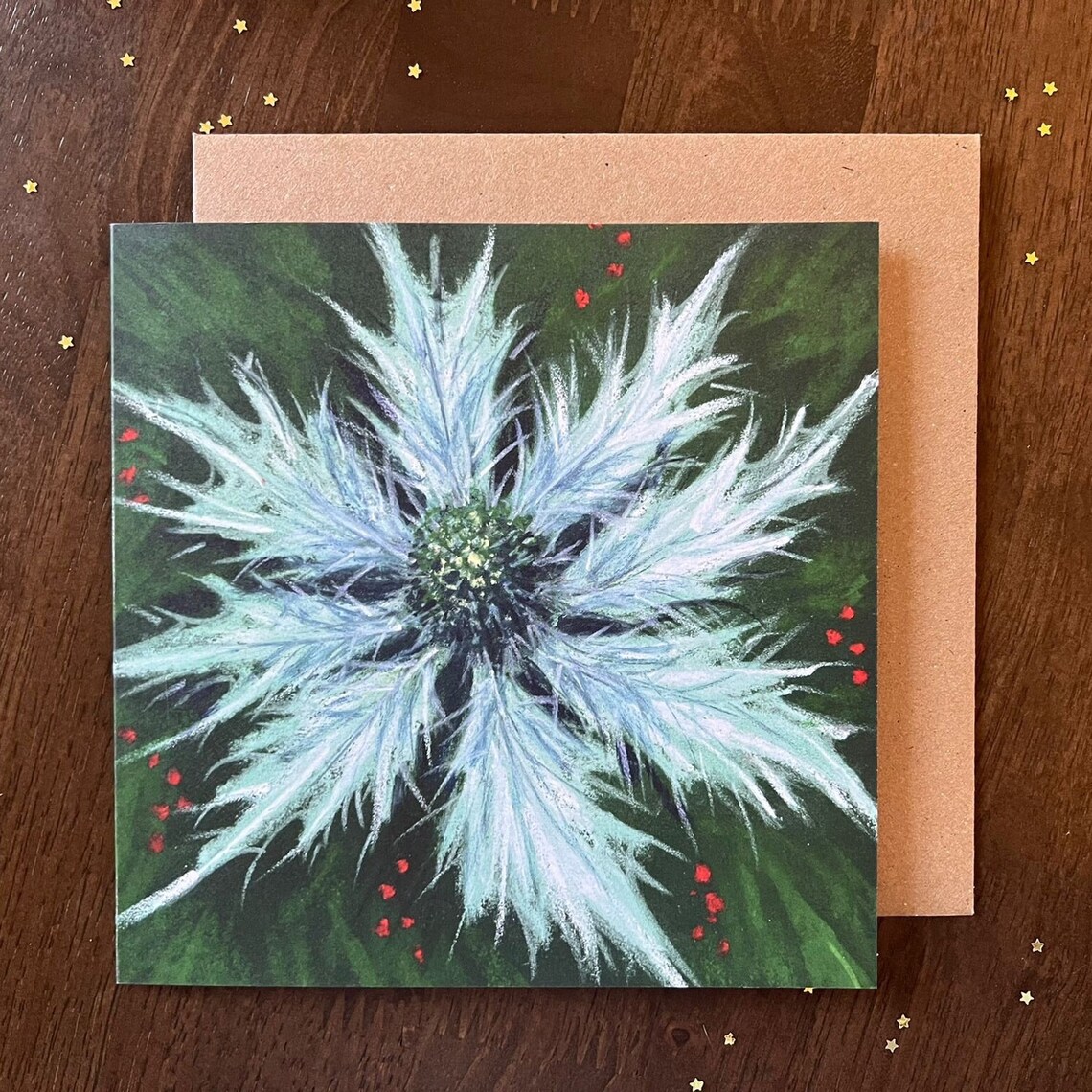 Winter Thistle Square Christmas Card, Botanical Xmas, Original Pastel ...