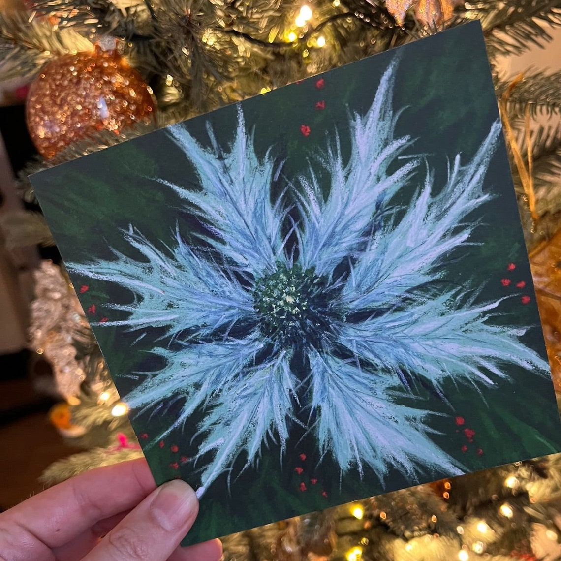 Winter Thistle Square Christmas Card, Botanical Xmas, Original Pastel ...