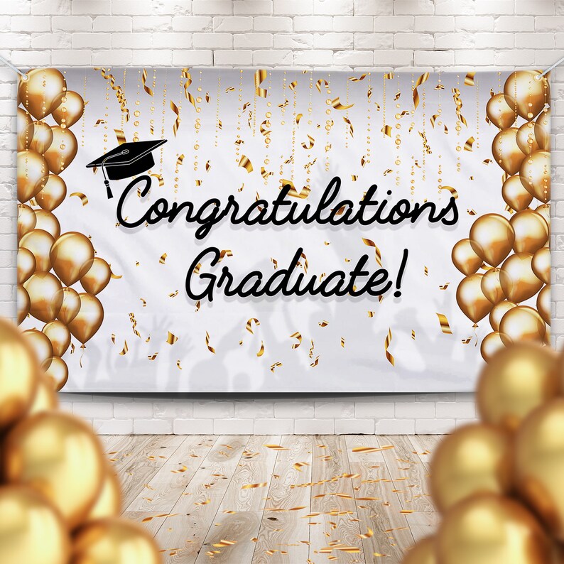 Graduation Banner Decorations Black and Gold Balloons Backdrop for ...