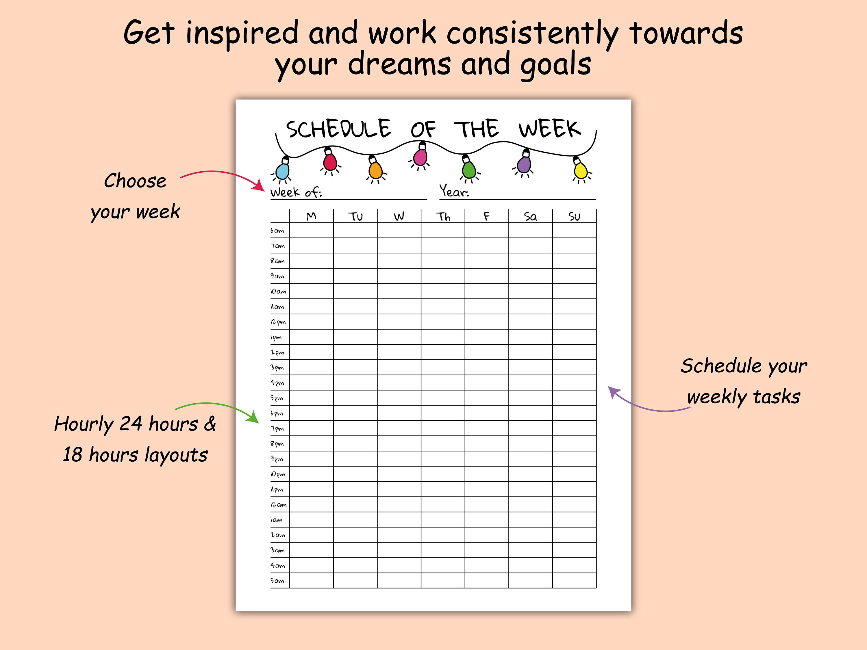 6AM Squad Weekly Schedule Printable A4 A5 Letter Half, Undated Week, 24 ...