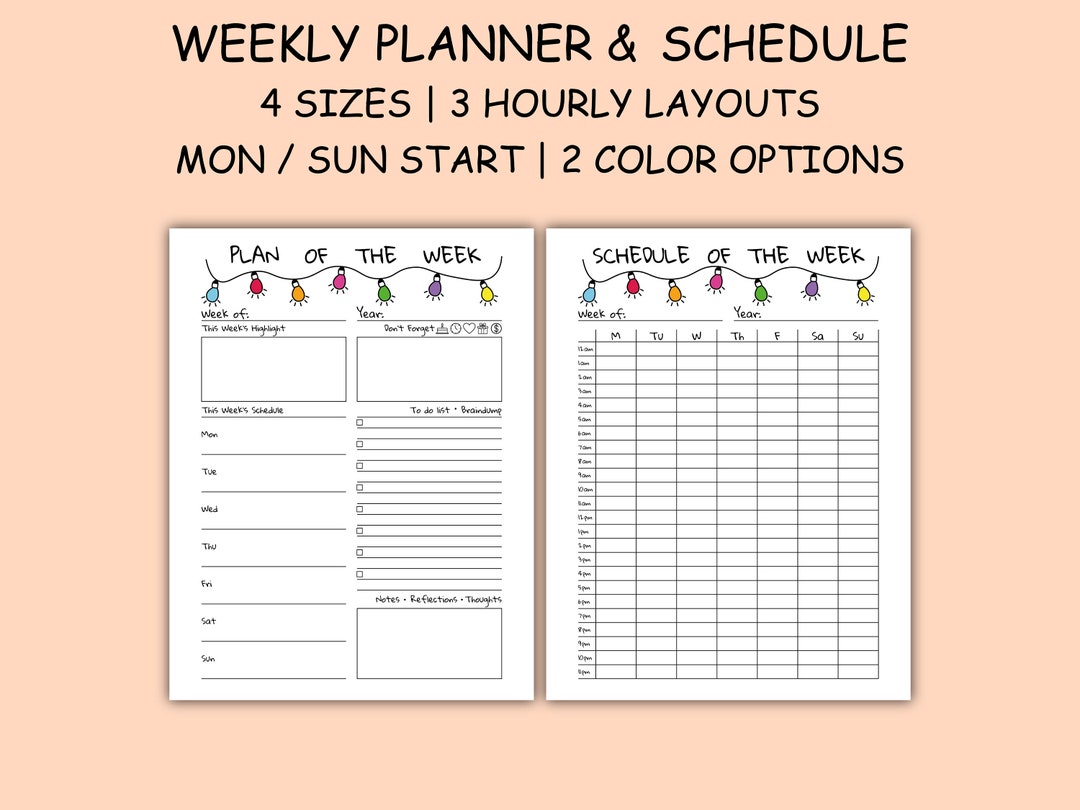 Hourly Weekly Planner & Schedule Printable A4 A5 Letter Half ' Undated ...