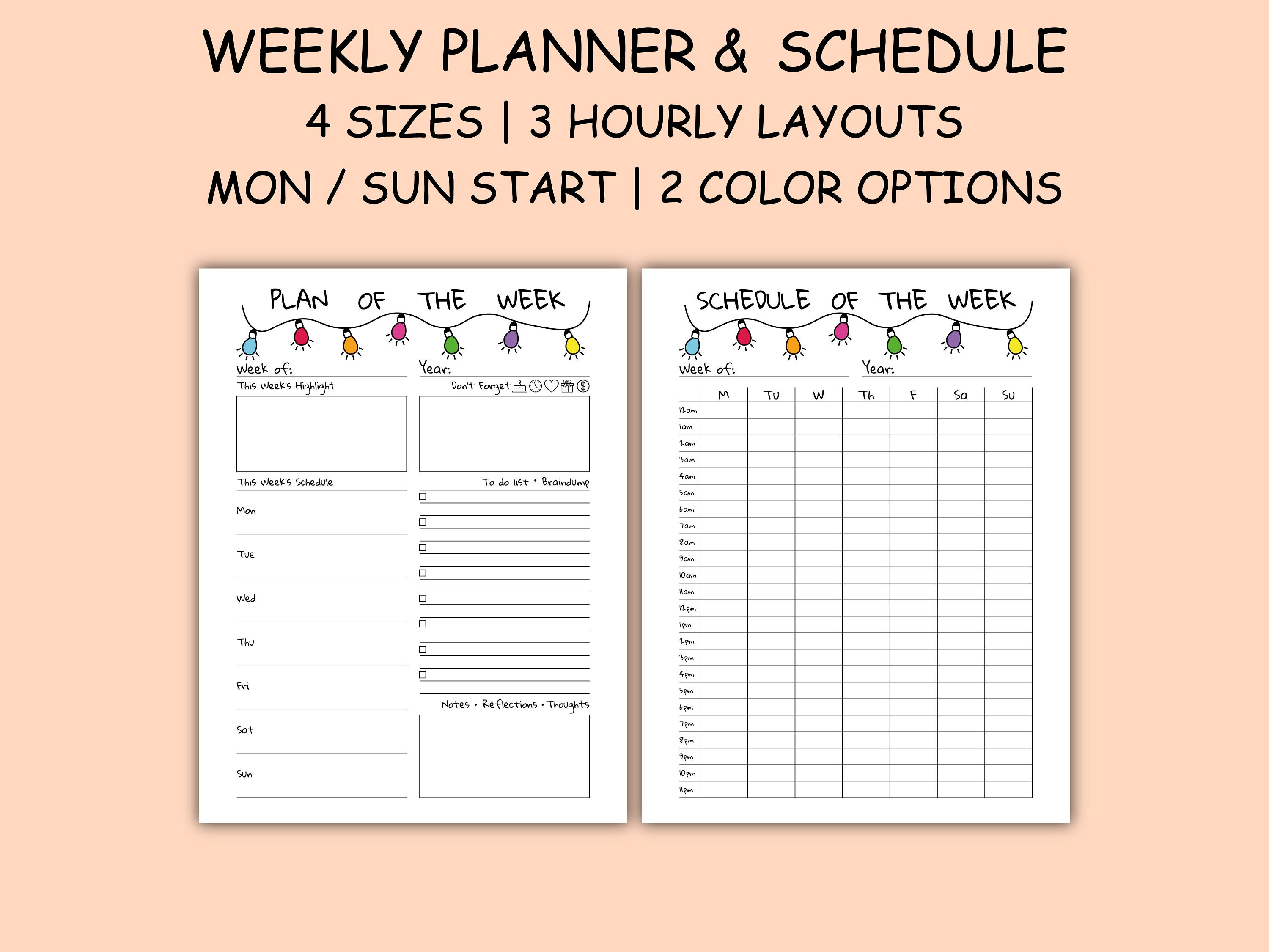 Hourly Weekly Planner & Schedule Printable A4 A5 Letter Half ' Undated ...