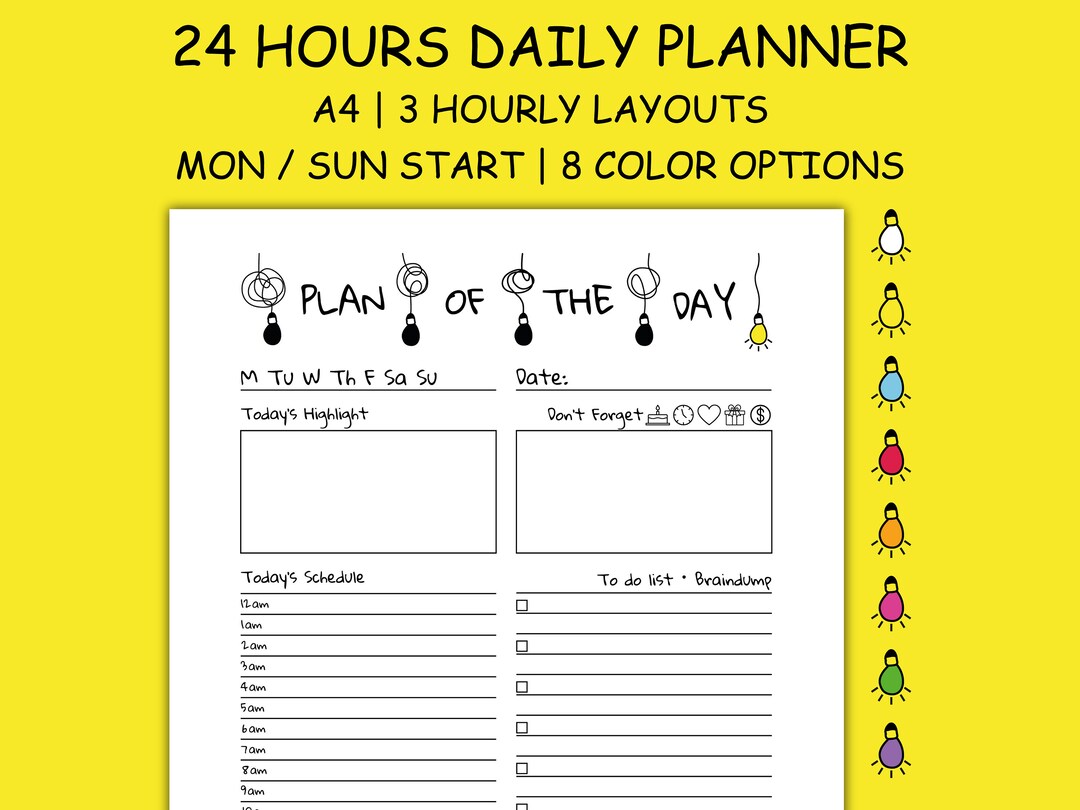 24 Hours Daily Planner Printable ' Hourly A4 Prints ' AM PM Planner ...
