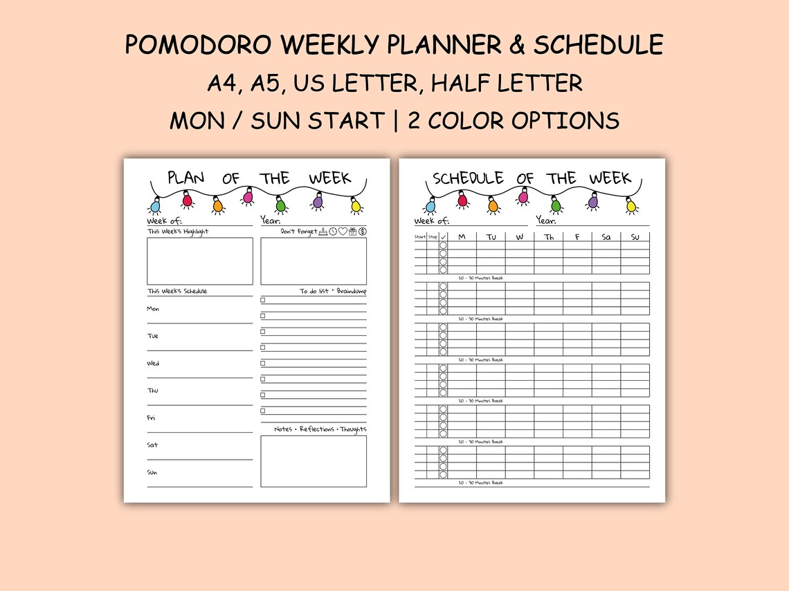 Weekly Pomodoro Planner & Schedule Print A4 A5 Letter Half ' Undated ...