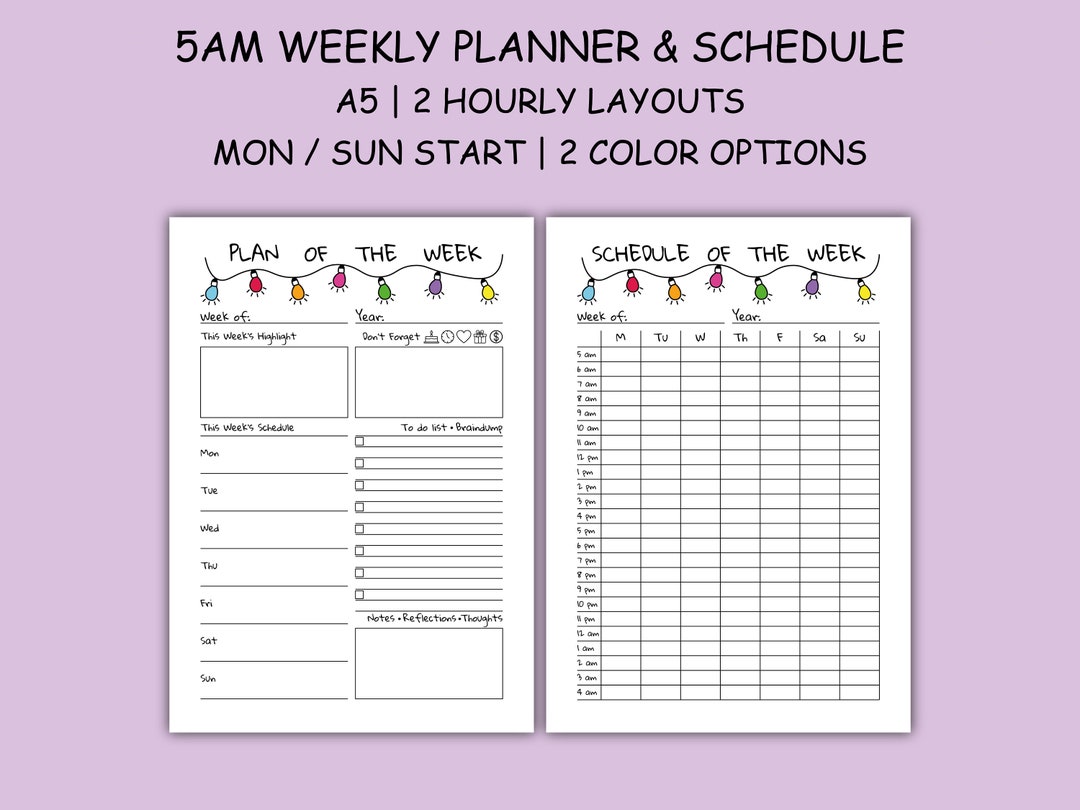 Weekly 5AM Planner & Schedule Printable A5 ' Undated Overview Week ...