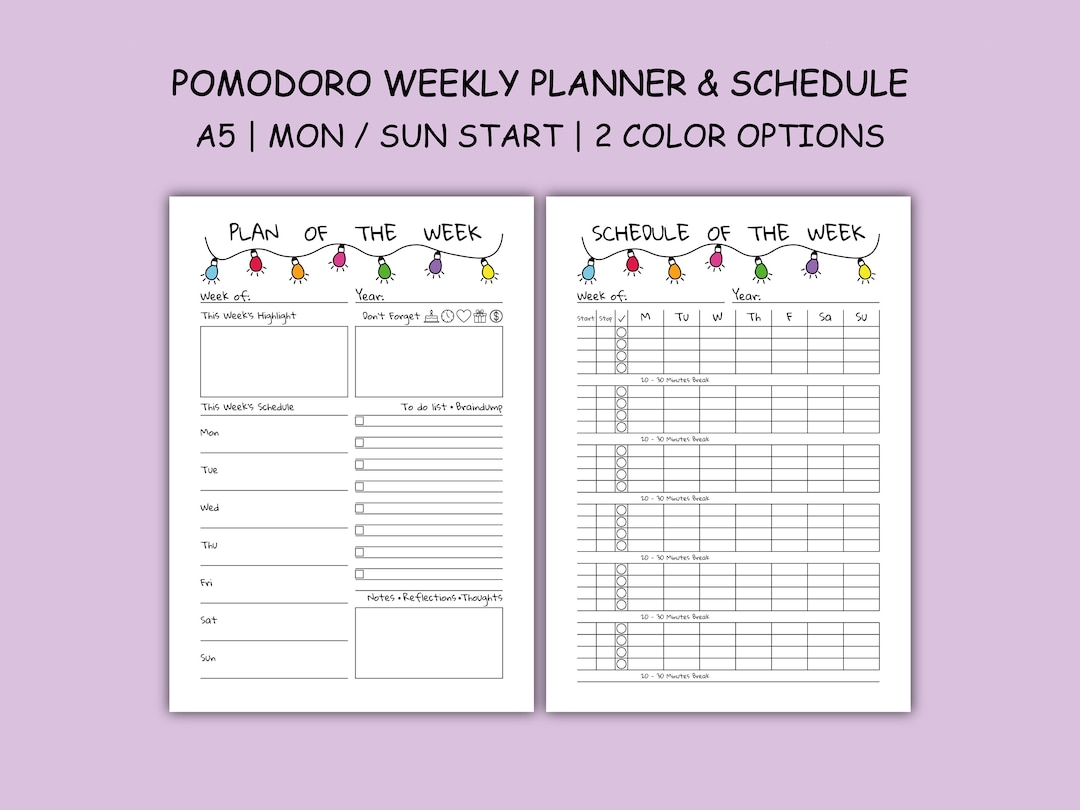 Weekly Pomodoro Planner & Schedule Printable A5 ' Undated Week Overview ...