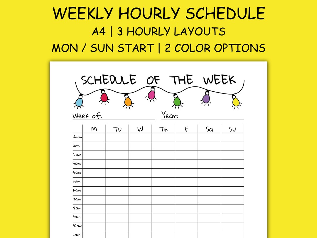 Hourly Weekly Schedule Printable A4, Undated 24 Hour Template, Visual ...