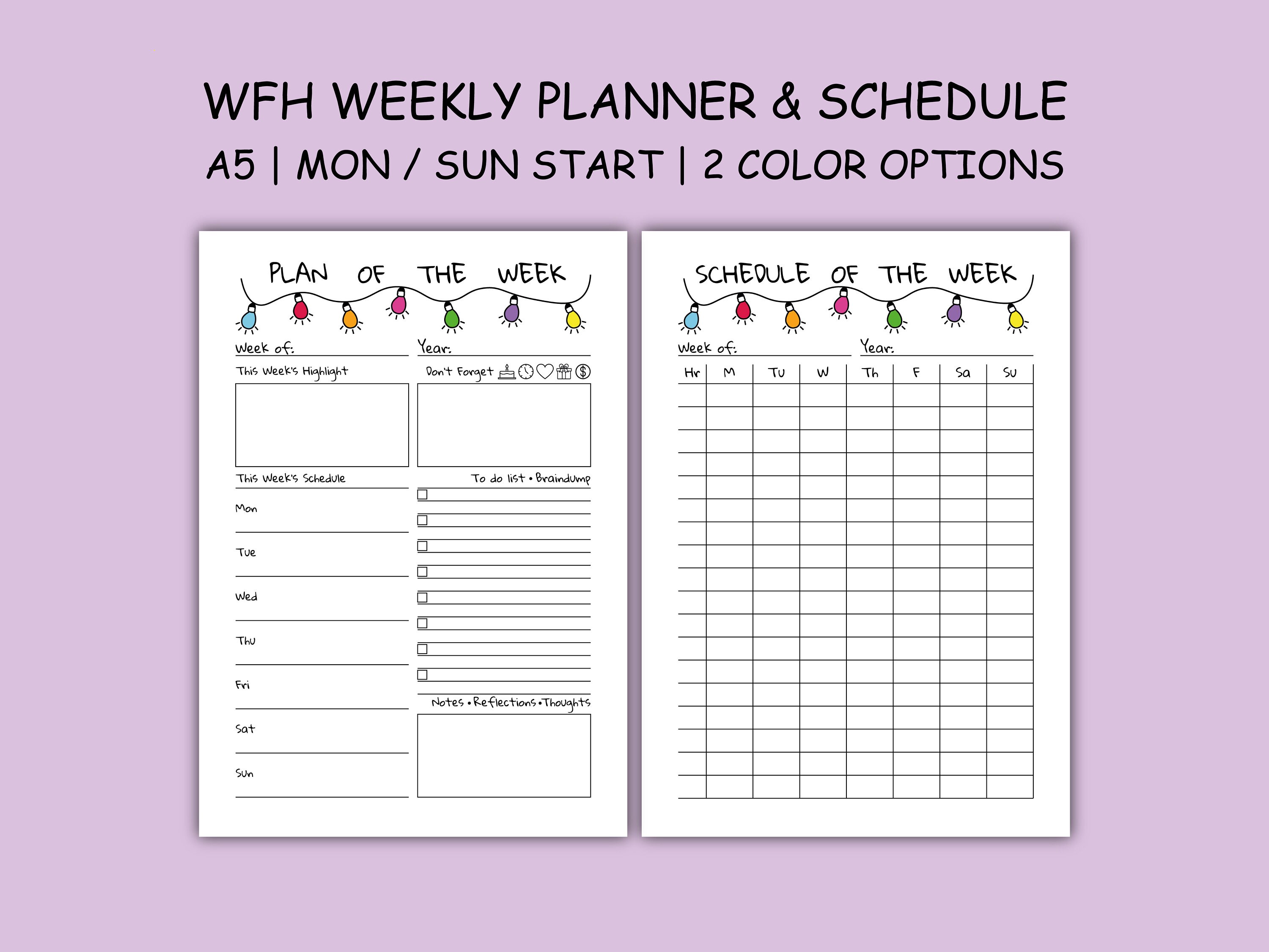 Weekly WFH Planner & Schedule Printable A5 ' Remote Worker Undated Overview Week ' A5 6 Ring ...