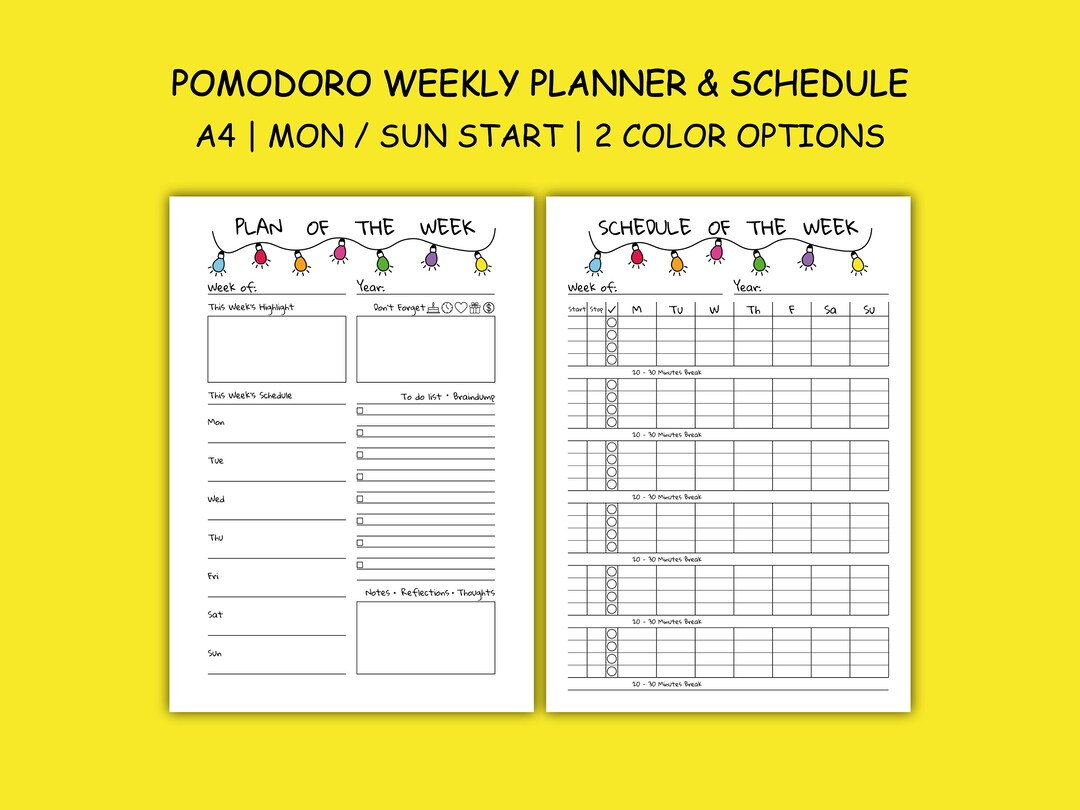 Weekly Pomodoro Planner & Schedule Printable A4 ' Undated Week Overview ...