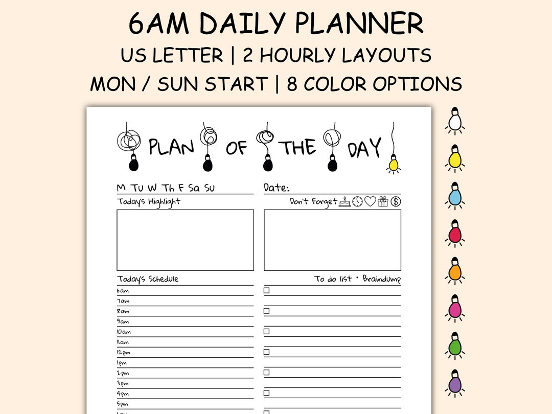 6AM Squad Planner Daily Printable US Letter, Hourly Printable Tabs, 6 ...