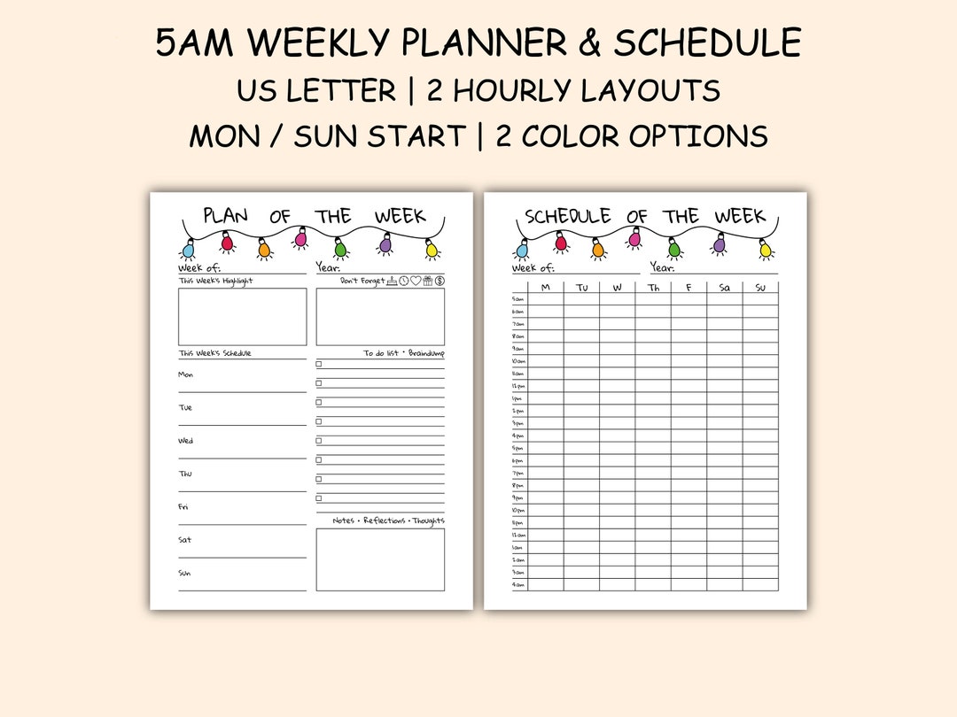 Weekly 5AM Planner & Schedule US Letter Print ' Undated Overview Week ...