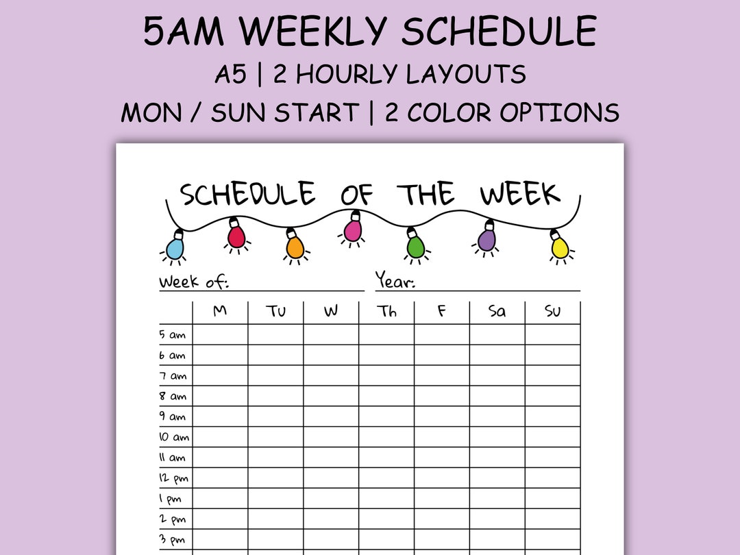 5AM Weekly Schedule Printable A5, Undated Overview Template, A5 6 Ring ...