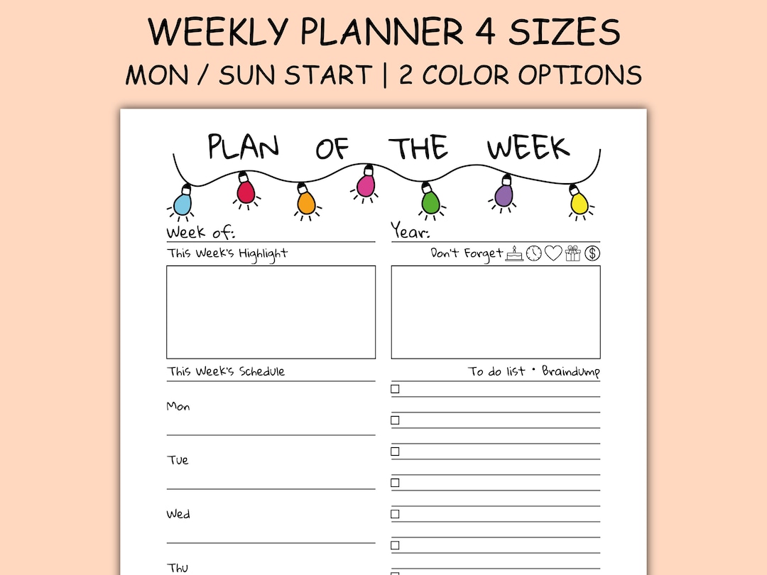 1 Page Weekly Planner Printable A4 A5 Letter Half ' Undated Visual ...