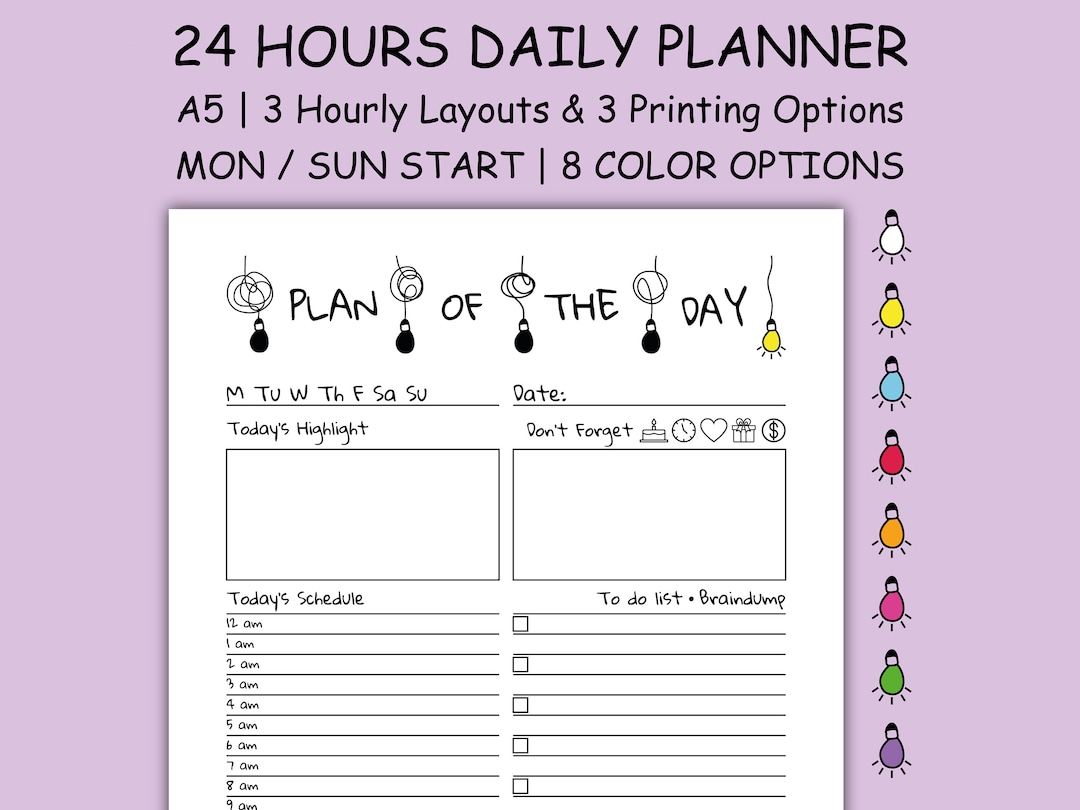 24 Hours Daily Planner Printable ' Hourly A5 Size ' AM PM Planner ...