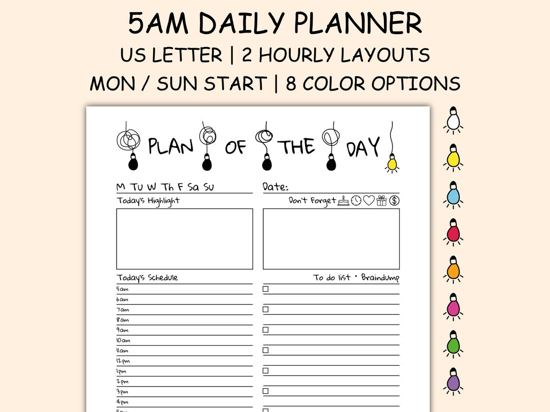 5AM Daily Planner Printable US Letter, Hourly Printable Planner Tabs, 6 ...