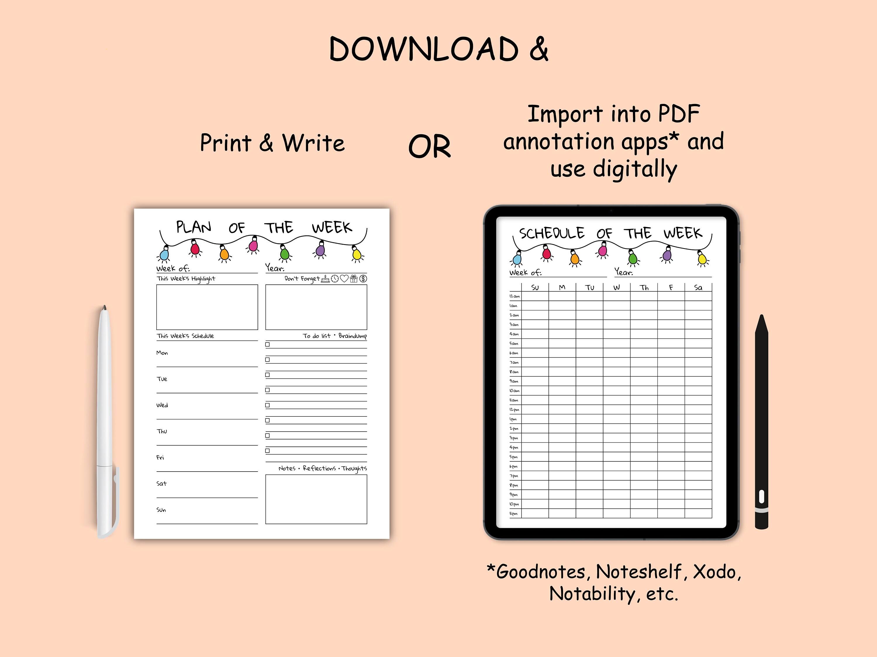 Hourly Weekly Planner & Schedule Printable A4 A5 Letter Half ' Undated ...