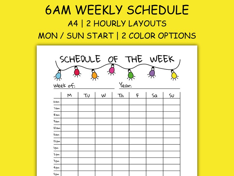 6AM Squad Weekly Schedule A4 Prints, Undated Overview Template, 24 & 18 ...