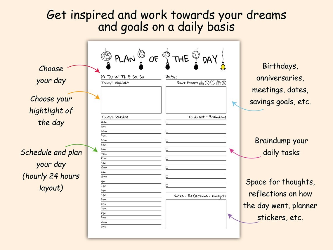 24 Hours Daily Planner Printable ' Hourly US Letter ' AM PM Planner ...