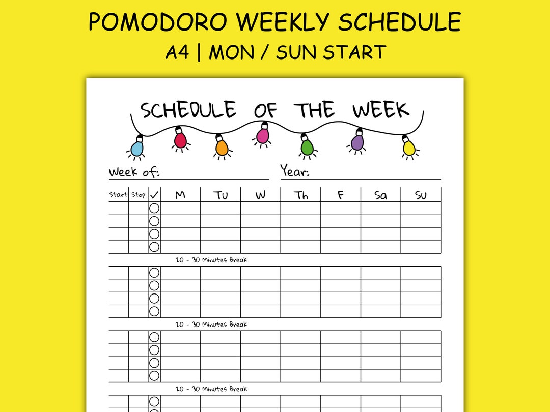 Pomodoro Printable Weekly Schedule A4, Visual Schedule Pomodoro ...