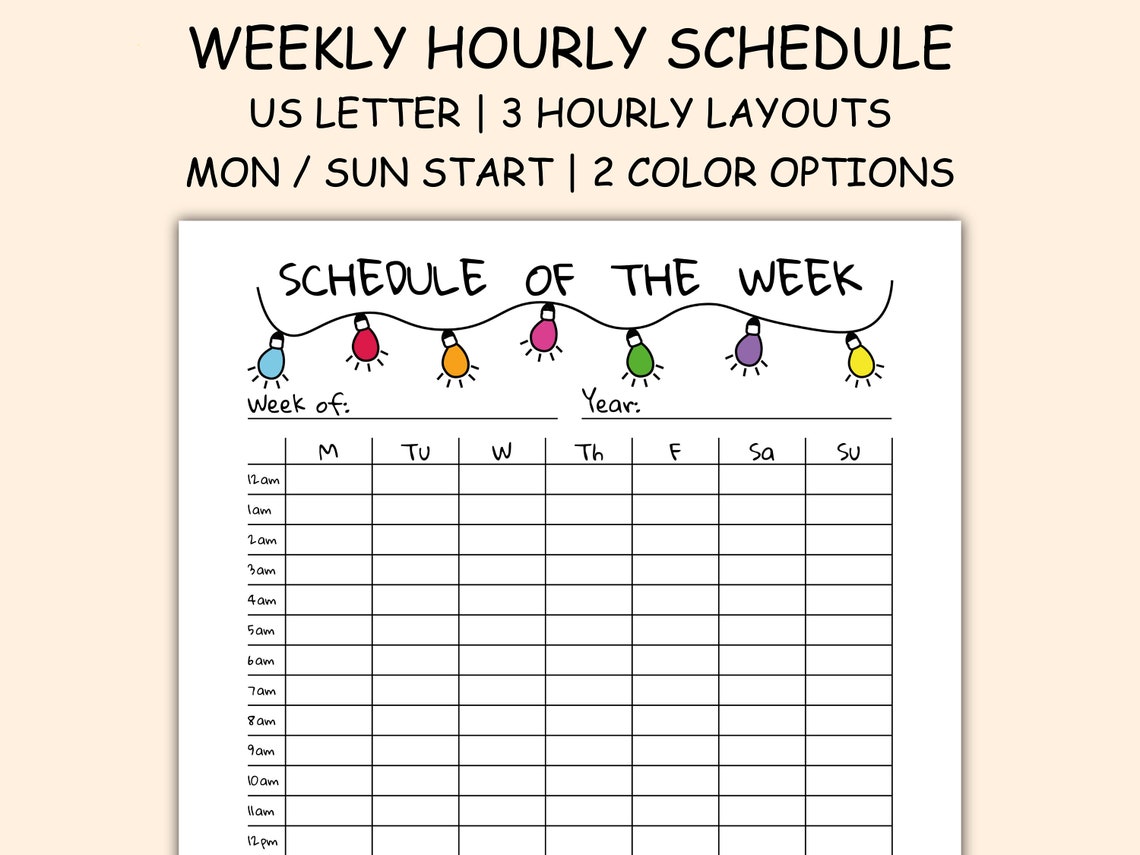 Hourly Weekly Schedule US Letter Print, Undated 24 Hour Template ...
