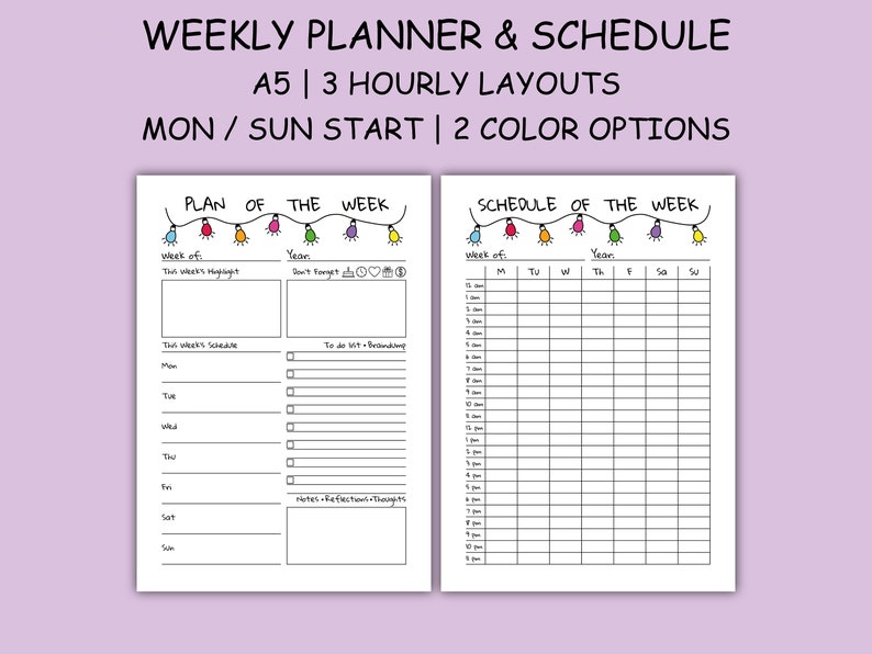 Hourly Weekly Planner & Schedule Printable A5 ' Undated Tabs ' Visual ...