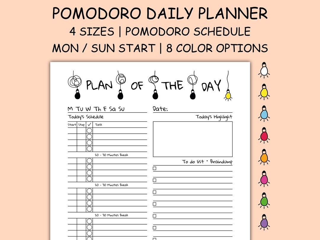 Pomodoro Planner Daily Printable A4 A5 Letter Half Pomodoro Technique 6 ...