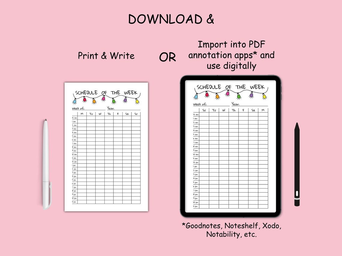 Hourly Weekly Schedule Printable Half Letter, Undated 24 Hour Inserts ...