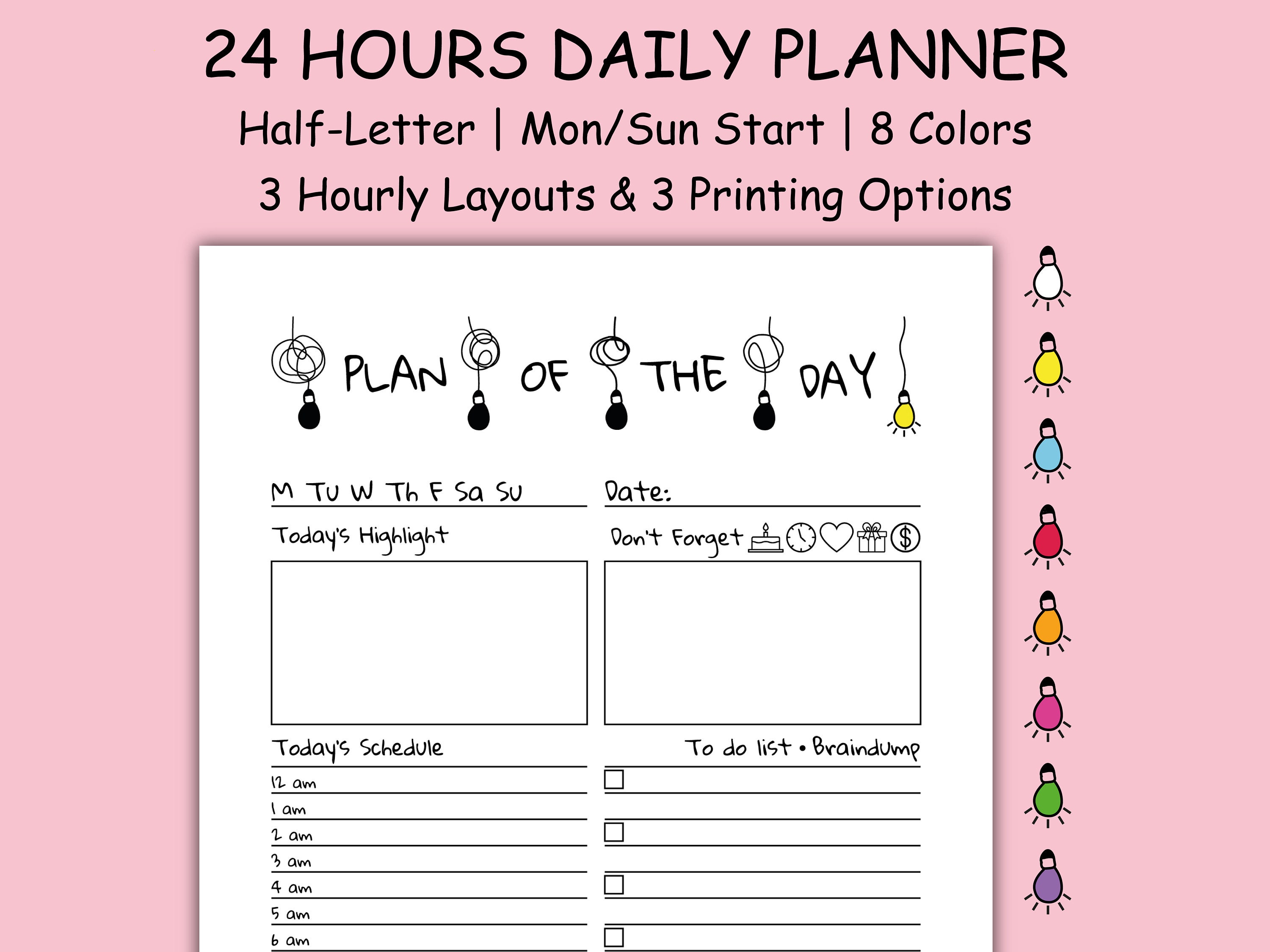 24 Hours Daily Planner Printable ' Hourly Half Letter ' AM PM Planner ...