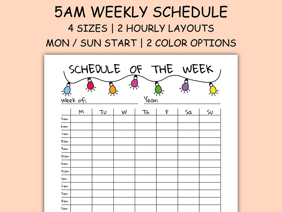 5AM Weekly Schedule Printable A4 A5 Letter Half, Undated Template, 24 ...