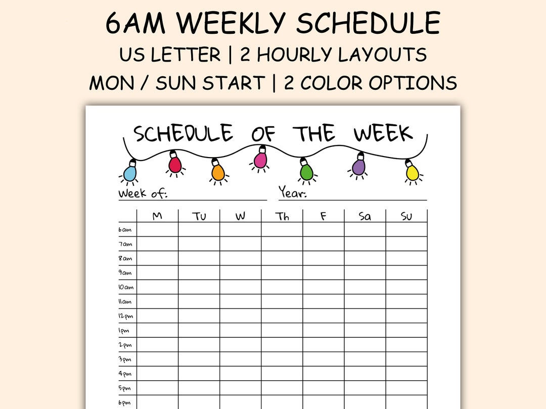 6AM Squad Weekly Schedule US Letter Print, Undated Overview, 24 & 18 ...