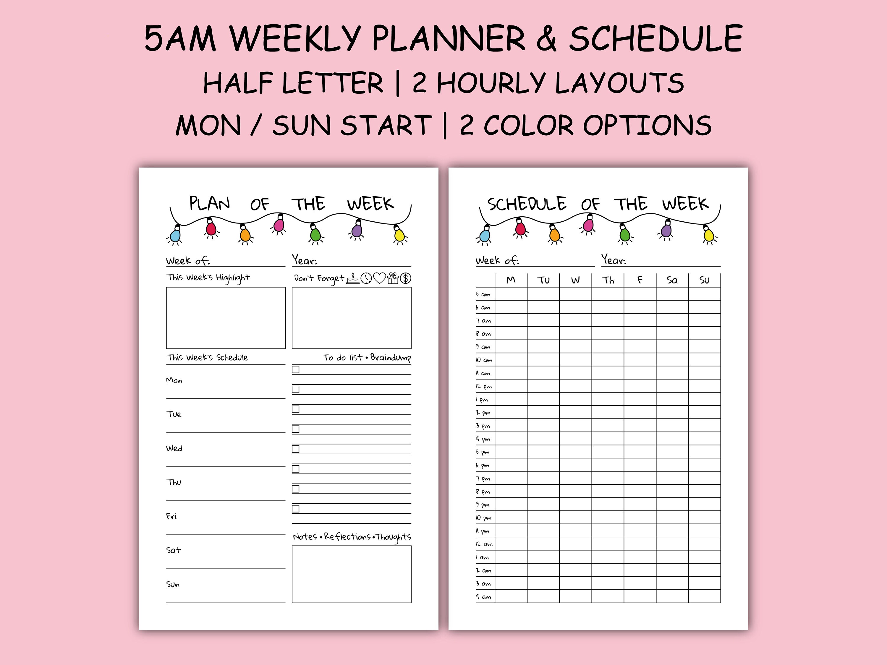 Weekly 5AM Planner & Schedule Printable Half Letter ' Undated Visual ...