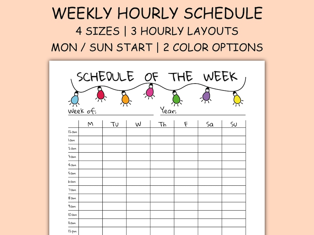 Hourly Weekly Schedule Printable A4 A5 Letter Half, Undated 24 Hour ...