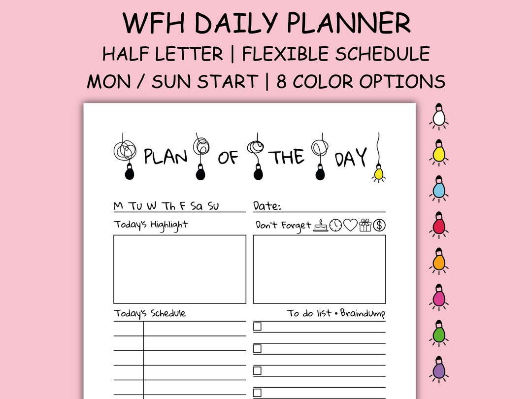 WFH Planner Daily Printable Half Letter - Visual Schedule Inserts - 6 ...
