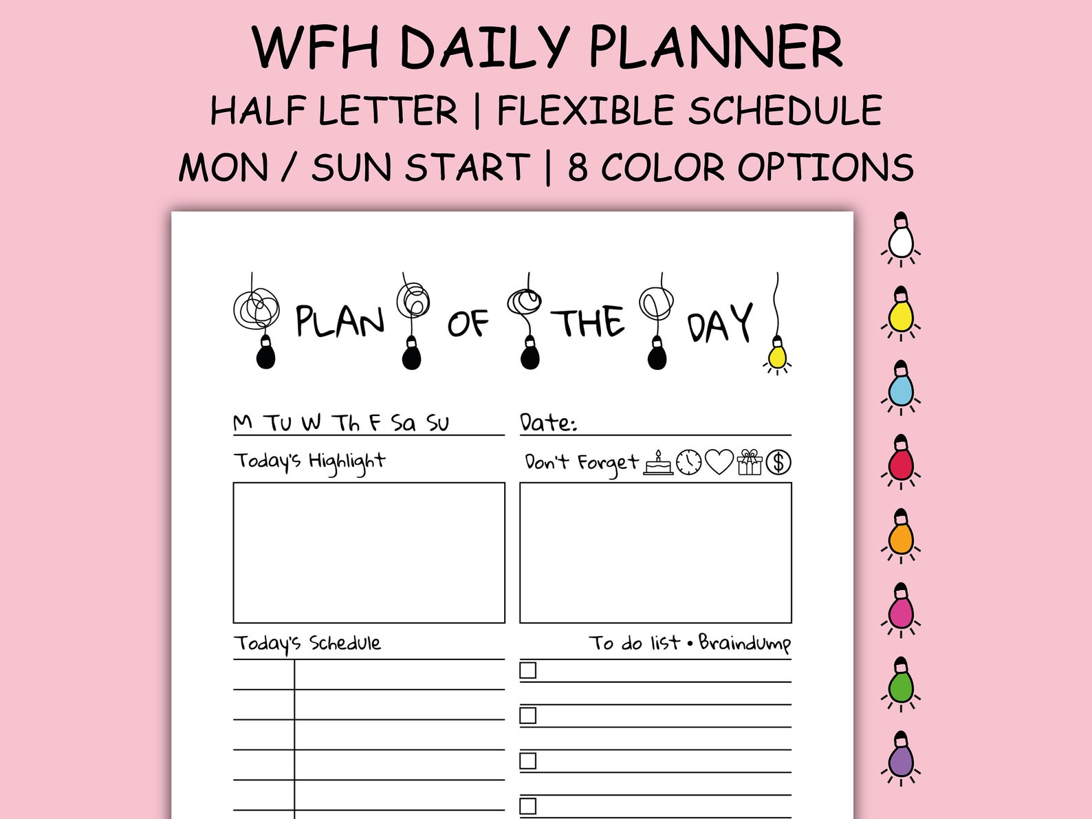 WFH Planner Daily Printable Half Letter Visual Schedule Inserts 6 Ring ...