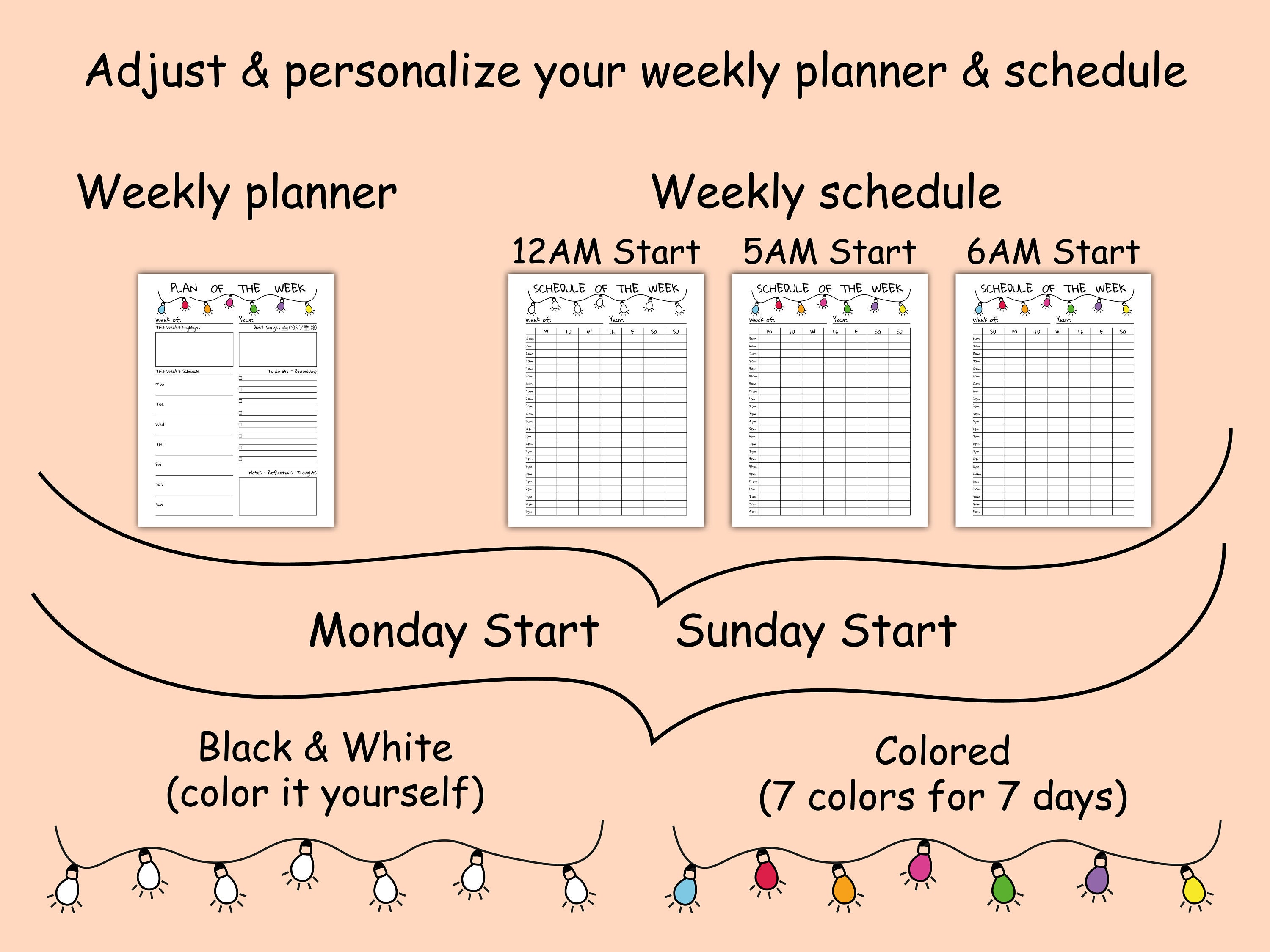 Hourly Weekly Planner & Schedule Printable A4 A5 Letter Half ' Undated ...