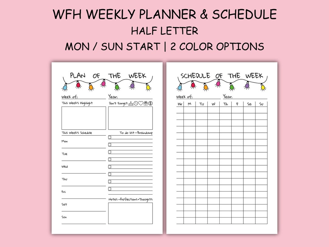Weekly WFH Planner & Schedule Printable Half Letter ' Remote Worker ...