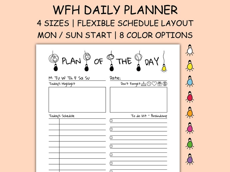 WFH Planner Daily Printable A4 A5 Letter Half - Visual Schedule Insert ...