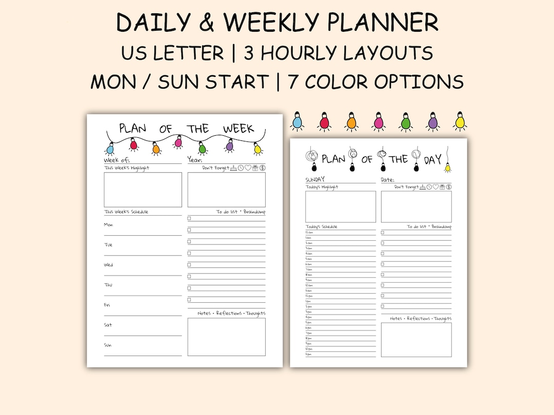 Hourly Daily Weekly Planner US Letter Printable Coloring Planner Pages ...