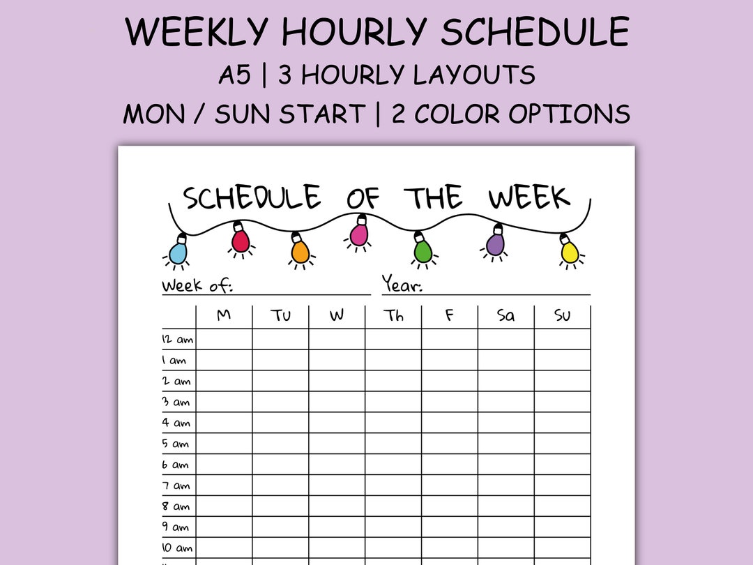 Hourly Weekly Schedule Printable A5, Undated 24 Hour Insert, Visual ...