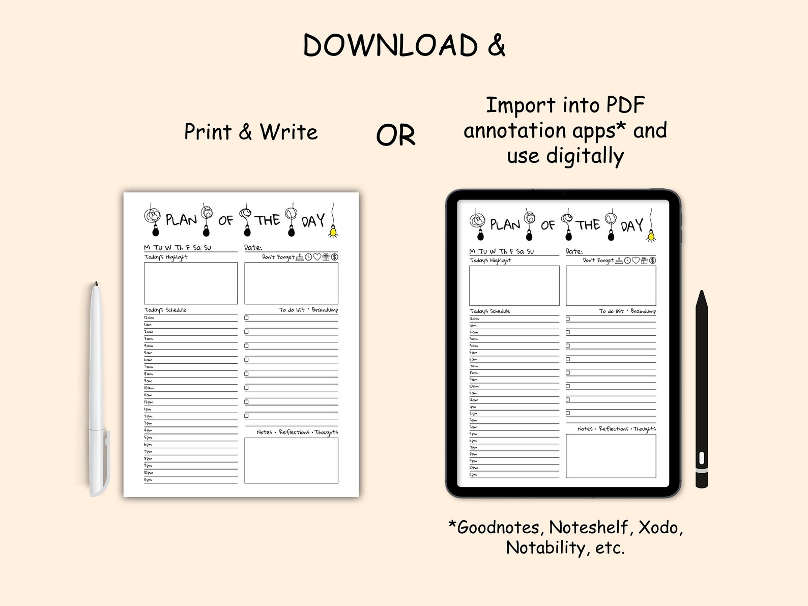 24 Hours Daily Planner Printable ' Hourly US Letter ' AM PM Planner ...