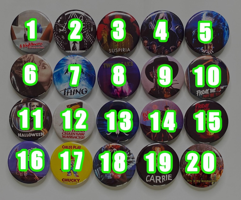 Horror Badges: Halloween, Hellraiser, Evil Dead, Friday the 13th ...